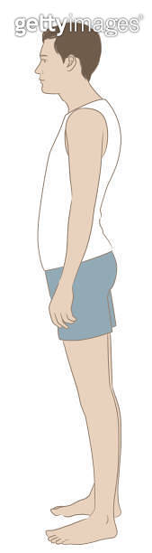 A man with a bad posture standing with a stooped back and a curved ...