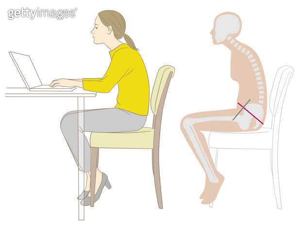 A woman and a skeleton figure who work at a desk in a hunchback posture ...