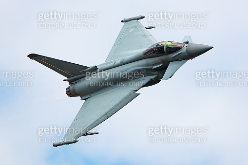 Royal Air Force Eurofighter Typhoon fighter jet plane flying. Aviation ...