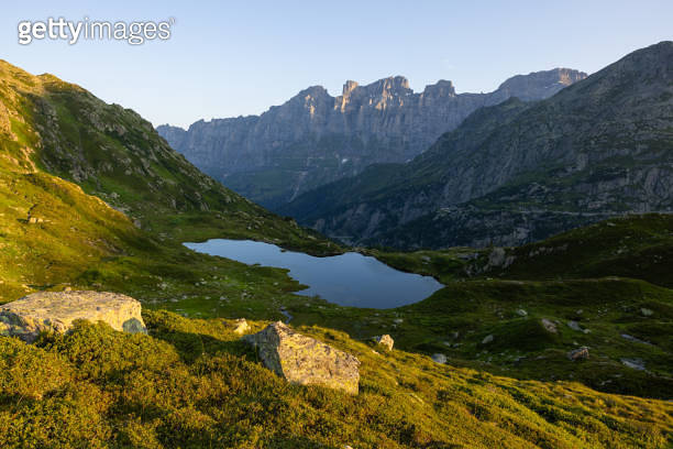 Fantastic azure alpine lake Champfer. Unusual and picturesque scene ...