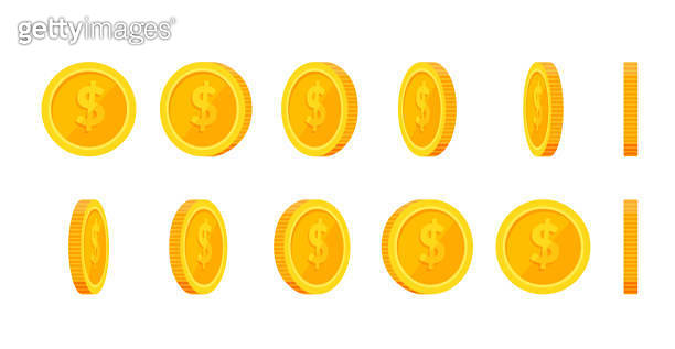 Gold coin animation.rotation icons in different angles. money turn ...