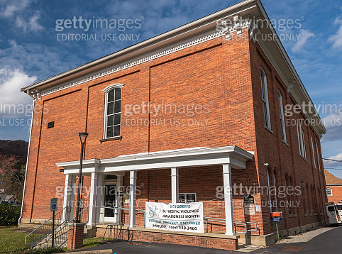 A rural county courthouse entrance in Tionesta, Pennsylvania, USA ...