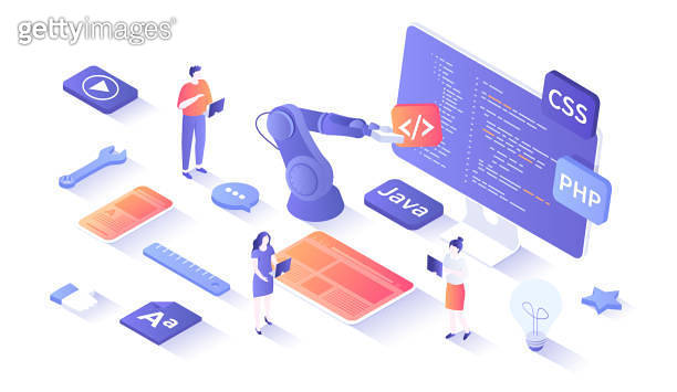 Computer programming, software, web, app development. Program code on monitor screen, website ...