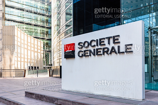 Sign of the Societe Generale banking group at the head office. 이미지 ...