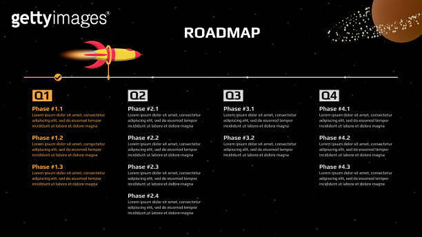 Horizontal quarterly roadmap with rocket and milestones on space black ...