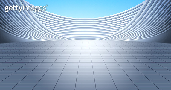 Modern silver curved building with ground, with bright sky background ...