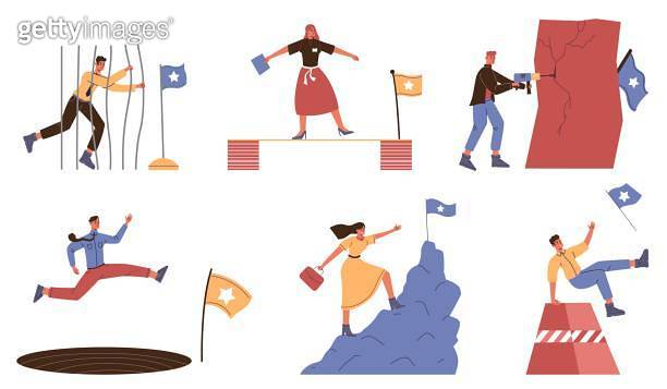 People overcoming obstacles. Persistent men and women break obstruction ...