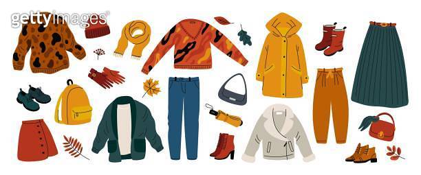Cartoon autumn clothing. Fall season wears. Shoes and accessories ...