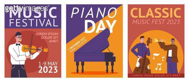 Classic music concert posters. String and wind instruments. Musicians ...