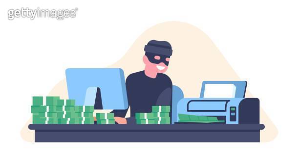 Counterfeiting money. Counterfeiter prints counterfeit cash on printer ...