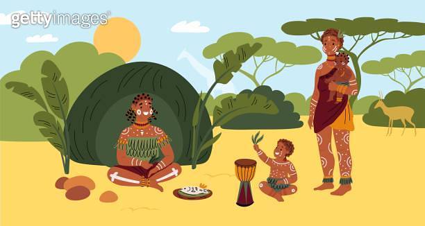 African tribe people. Cartoon aborigines. Happy parents and children ...