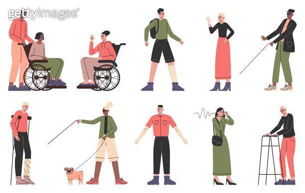 Disability people. Physical inabilities characters. Positive emotions ...