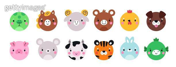 Cartoon funny animals round faces. Fauna avatars. Circle shapes app ...