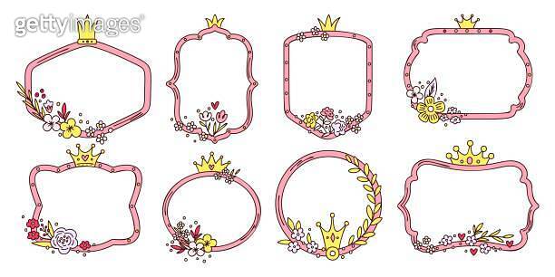 Cute girly frames. Princess decorations with royal crowns and flowers ...