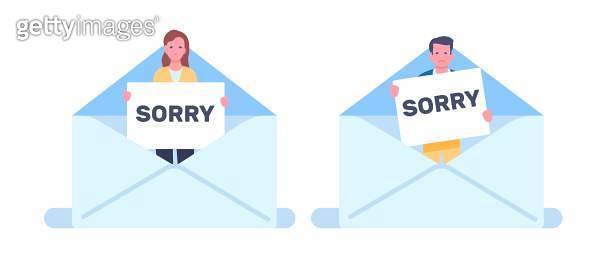 Letters in which sad woman and man hold up sign with word sorry. People ...