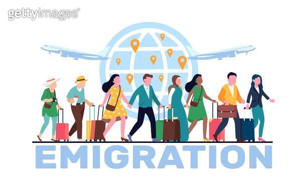 Emigration, relocation of people, men and women with luggage standing ...