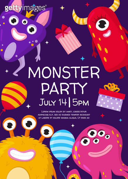 Vector monsters party happy birthday poster template. Funny alien ...
