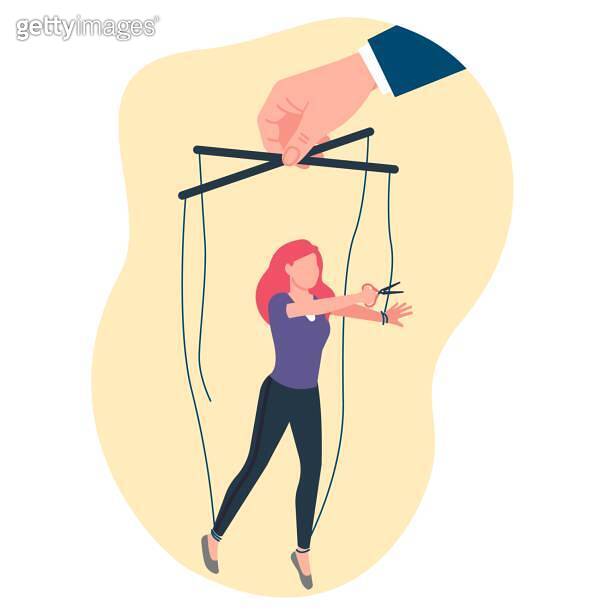 People getting rid of manipulation. Woman cuts threads with scissors ...