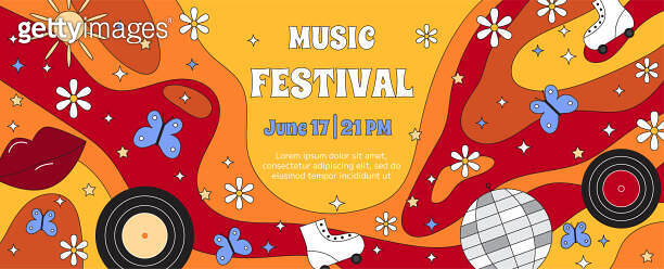 Vector groovy retro music festival invitation banner template. Disco ...