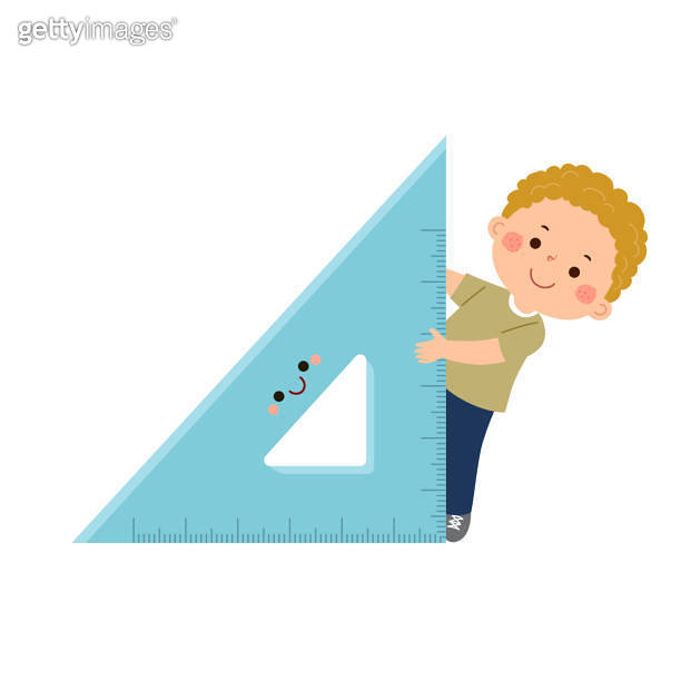 Vector cartoon little student boy with big triangle ruler. Back to ...