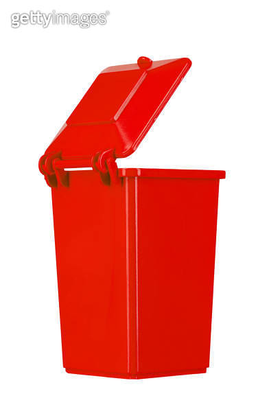 Red recycling bin with open lid isolated on white background. Garbage ...