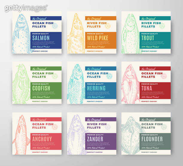 Premium Quality Fish Fillets Labels Collection. Abstract Vector Fish Packaging Design or Cards ...