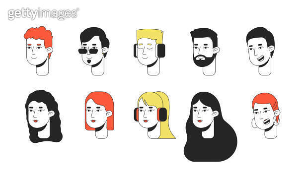 Caucasian millennial 2D linear cartoon character faces set (1823067971 ...
