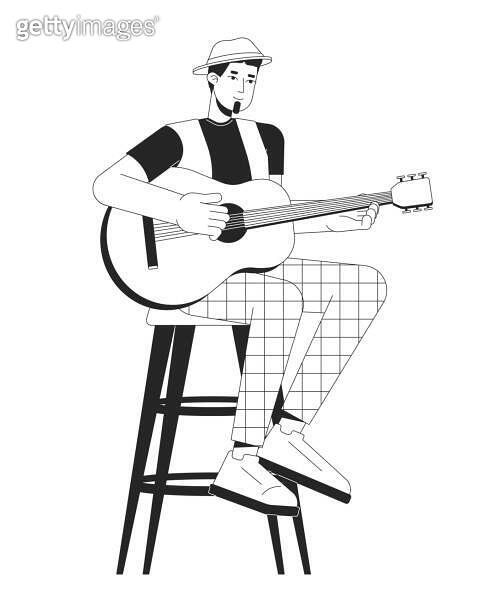 Acoustic guitarist plucking strings black and white cartoon flat ...