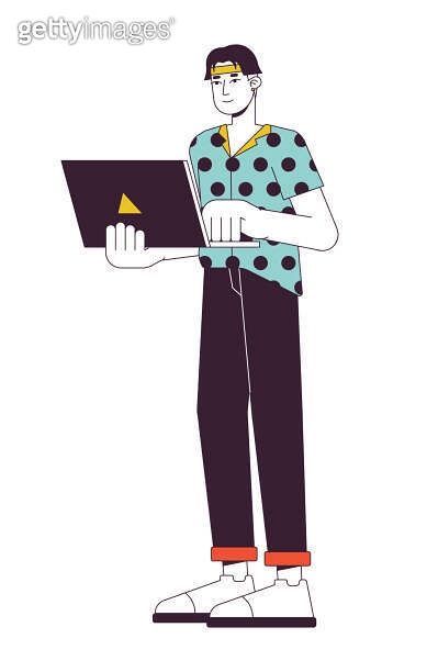 Busy asian worker flat line color vector character 이미지 (1715666893 ...