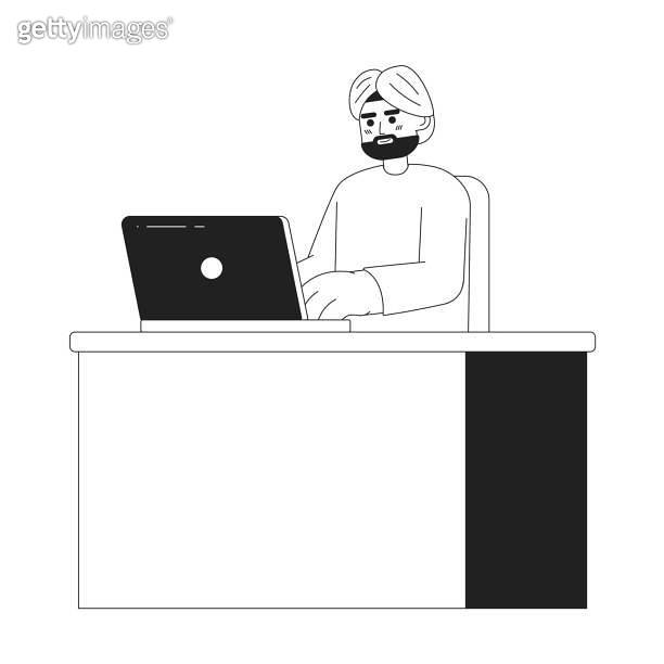 Indian man in turban typing on laptop 2D vector monochrome isolated ...