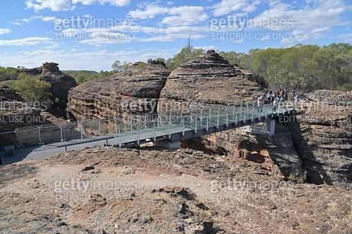 Tourist group cross over a bridge Cobbold Gorge Queensland Australia ...