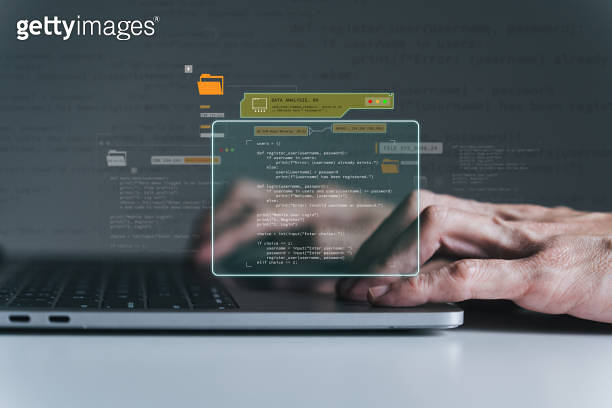 Software developer or programmer coding program with laptop. Create Intelligence innovation ...
