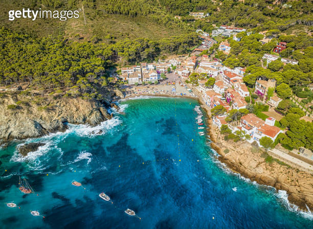 Aerial view of Sa Tuna beach in Costa Brava, Cap de Begur, Catalonia ...