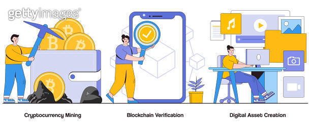 Cryptocurrency mining, blockchain verification, digital asset creation concept with character ...