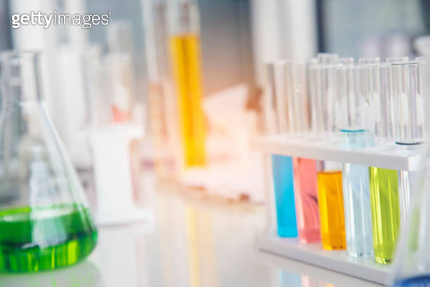 Science chemistry glass tubes objects on lab background. Liquid tube ...