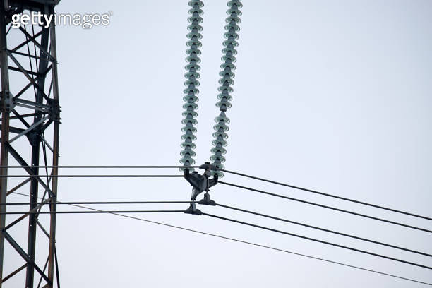 High voltage insulation string on steel pillar with electric power ...