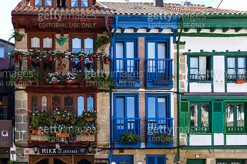 Traditional and colorful basque houses in the old town of Hondarribia ...