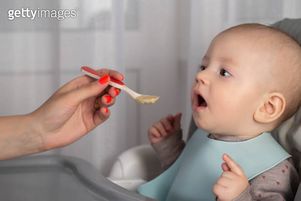 A mother feeds a baby boy who is 8 months old with meat puree. Feeding ...