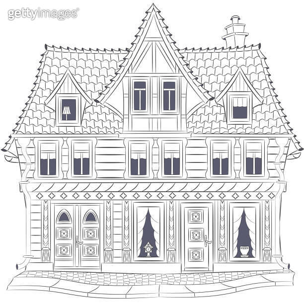 Black and white drawing of an old half-timbered house in Wernigerode ...
