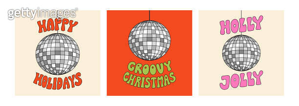 Set of holiday greeting cards with disco balls and groovy lettering 이미지 ...