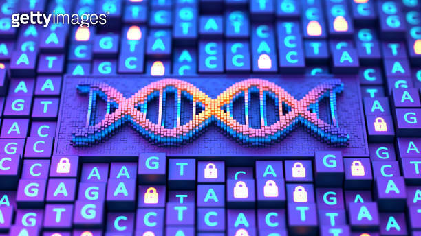 Digital screen with DNA strands and sequencing ATGC data background ...