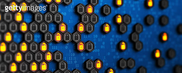 Encryption your data. Binary code and digital Lock. Hacker attack and data breach. Big data with ...