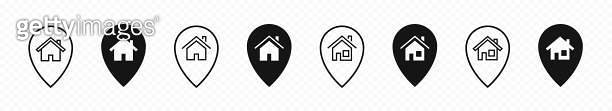 Home location icon set. House pointer icons. Home positioning pin ...