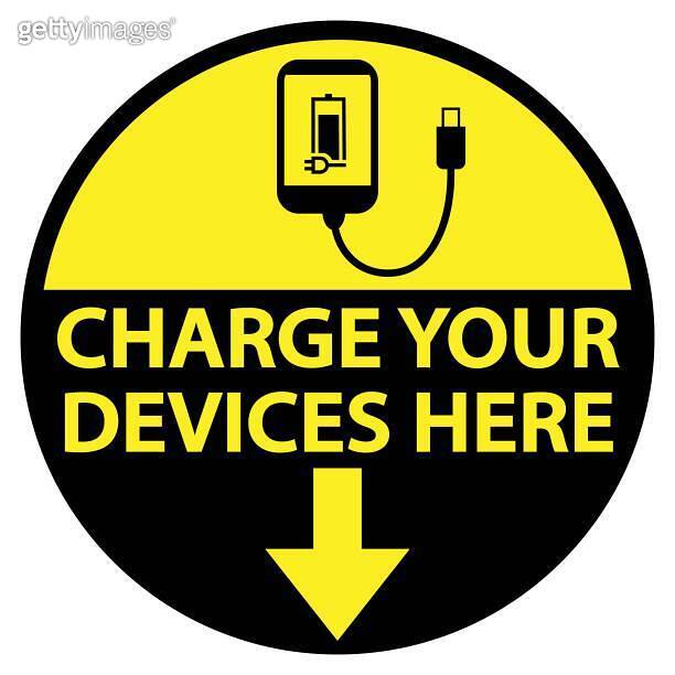Charge your devices here, information sign. Circle shape with symbols ...