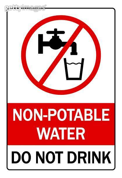 Non-potable water, do not drink. Ban sign with symbols. Text below. 이미지 ...