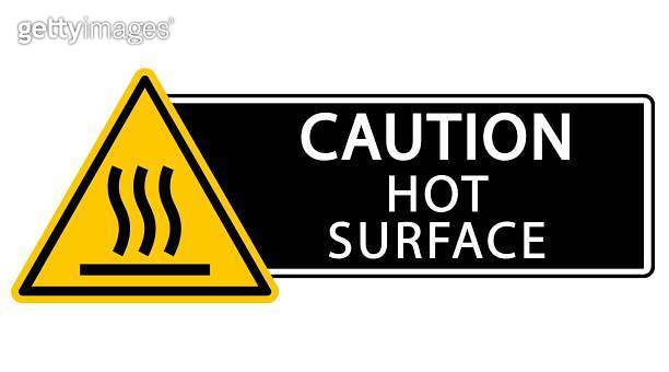 Caution hot surface. Yellow triangle warning sign with symbol and text ...