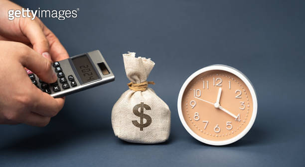 Dollar money bag, clock and calculator 2024. Budget planning. Financial ...