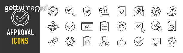 Approval web icons in line style. Thumpb up, check mark, approve ...