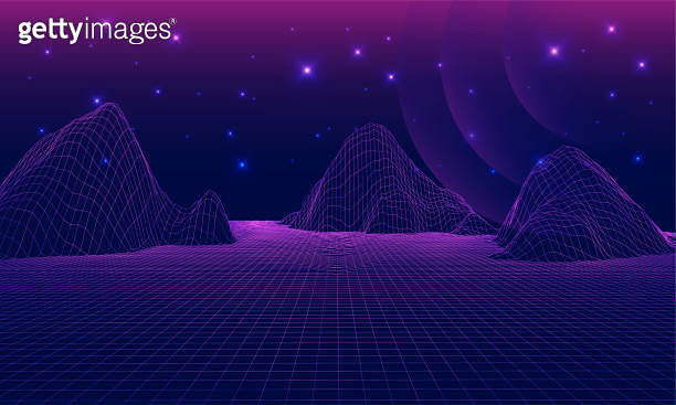 Digital metaverse landscape vector illustrations with mountains, blue ...