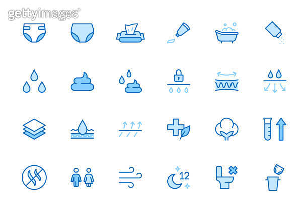 Diaper line icon set. Baby pants feature - absorption, breathable ...